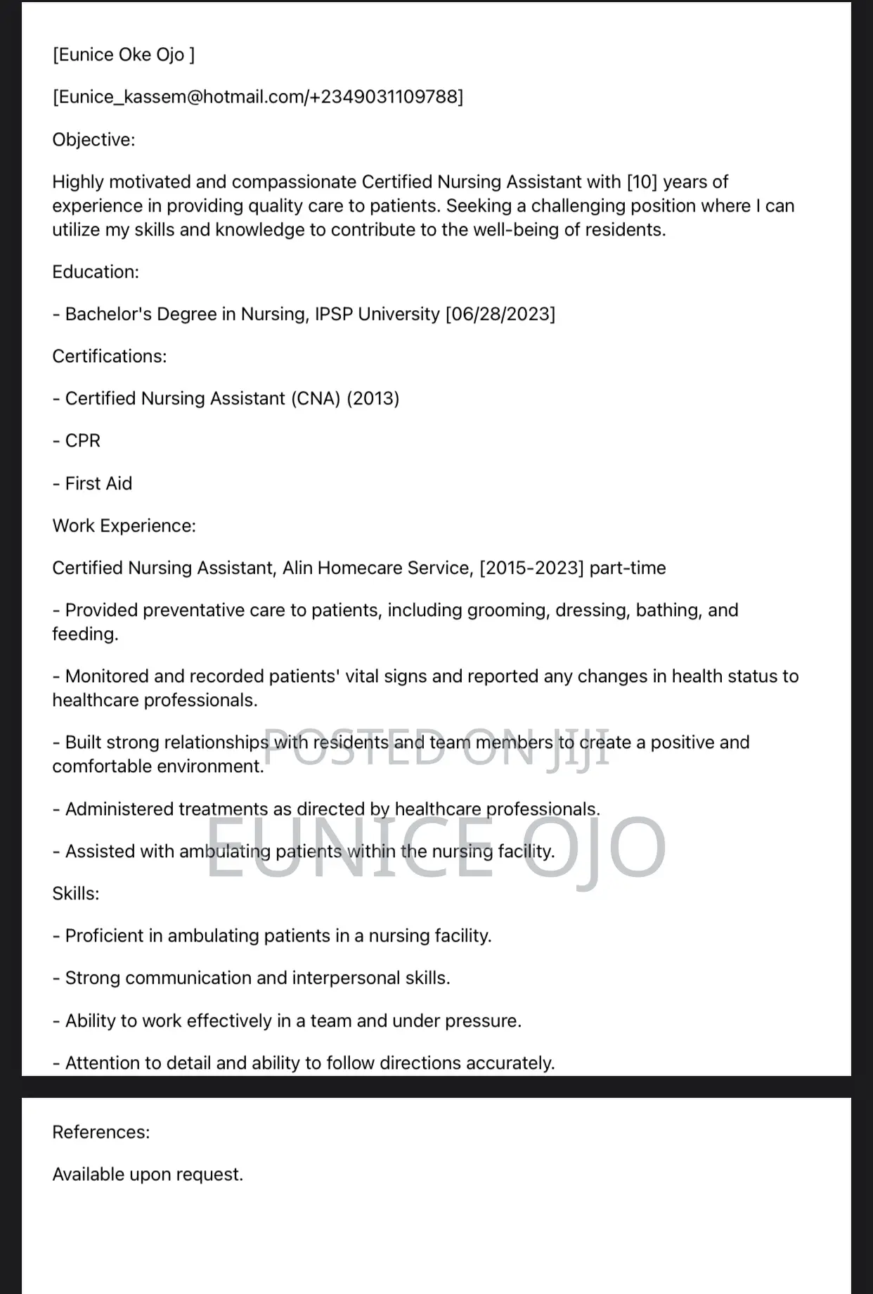 Healthcare Nursing CV in Spintex - Healthcare & Nursing CVs, Eunice Ojo ...