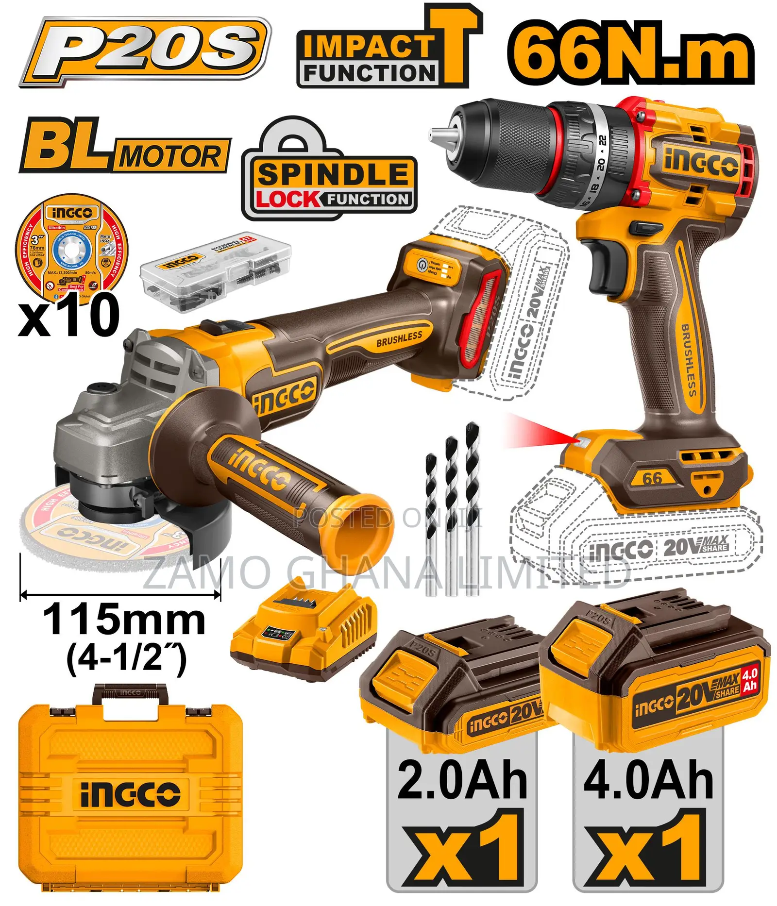 Combo Cordless Impact Drill + Angle Grinder 20v # Ckli20273 in ...