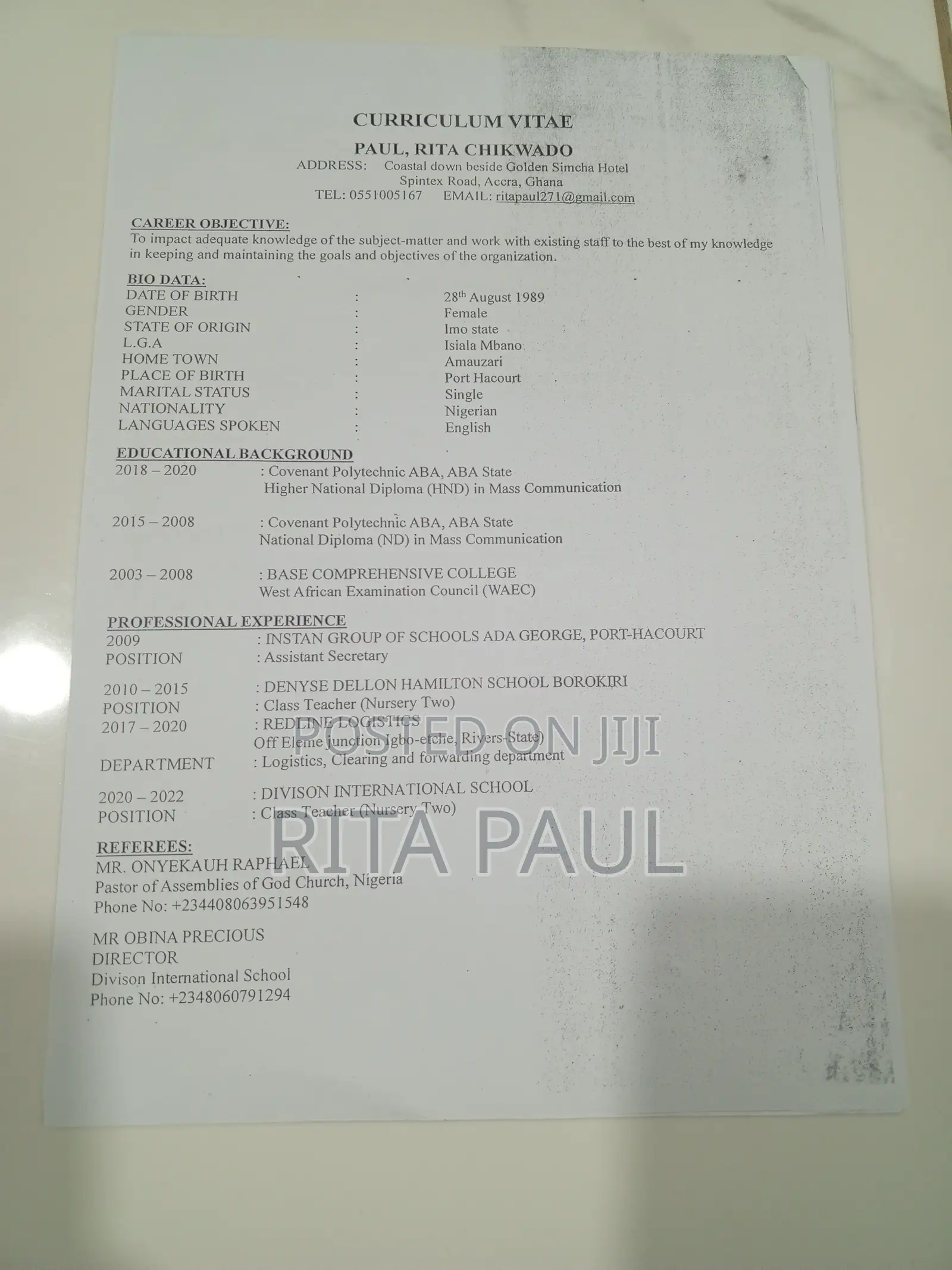 Clerical Administrative CV in Spintex - Teaching CVs, Rita Paul | Jiji ...