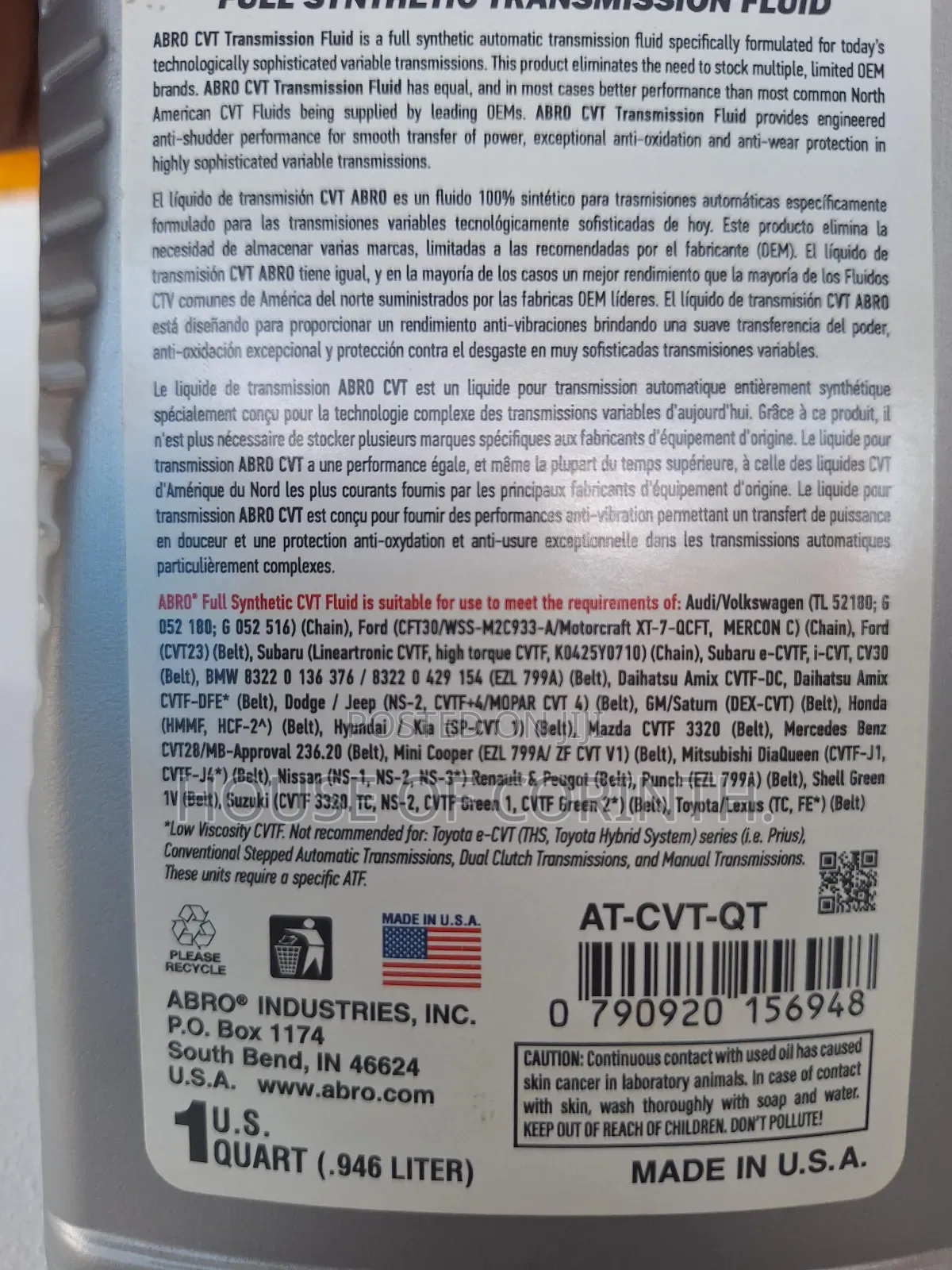 CVT Transmission Oil. Synthetic. ABRO - USA. 1L for sale - House of ...