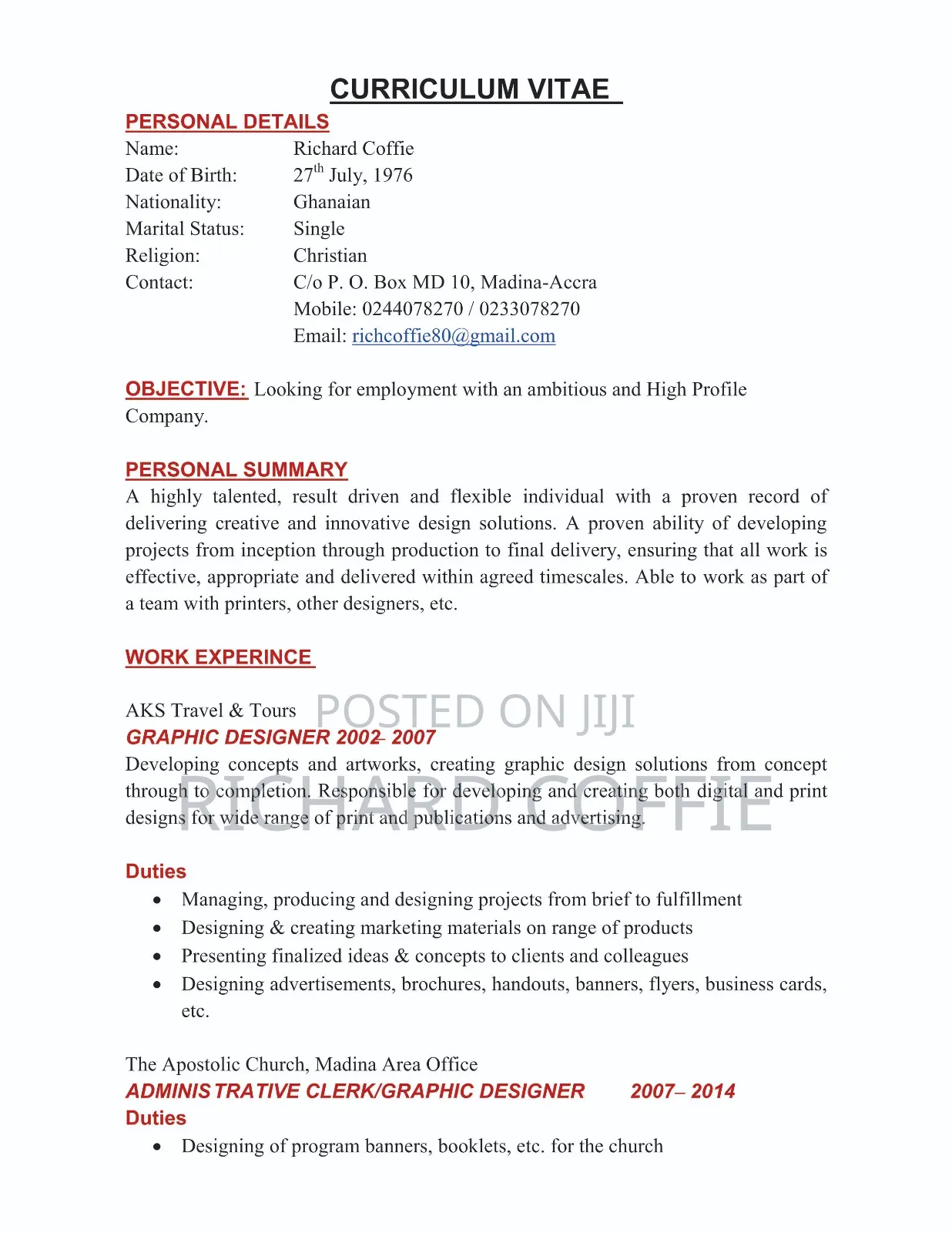 Graphic Designer in Accra Metropolitan - Manufacturing CVs, Richard ...