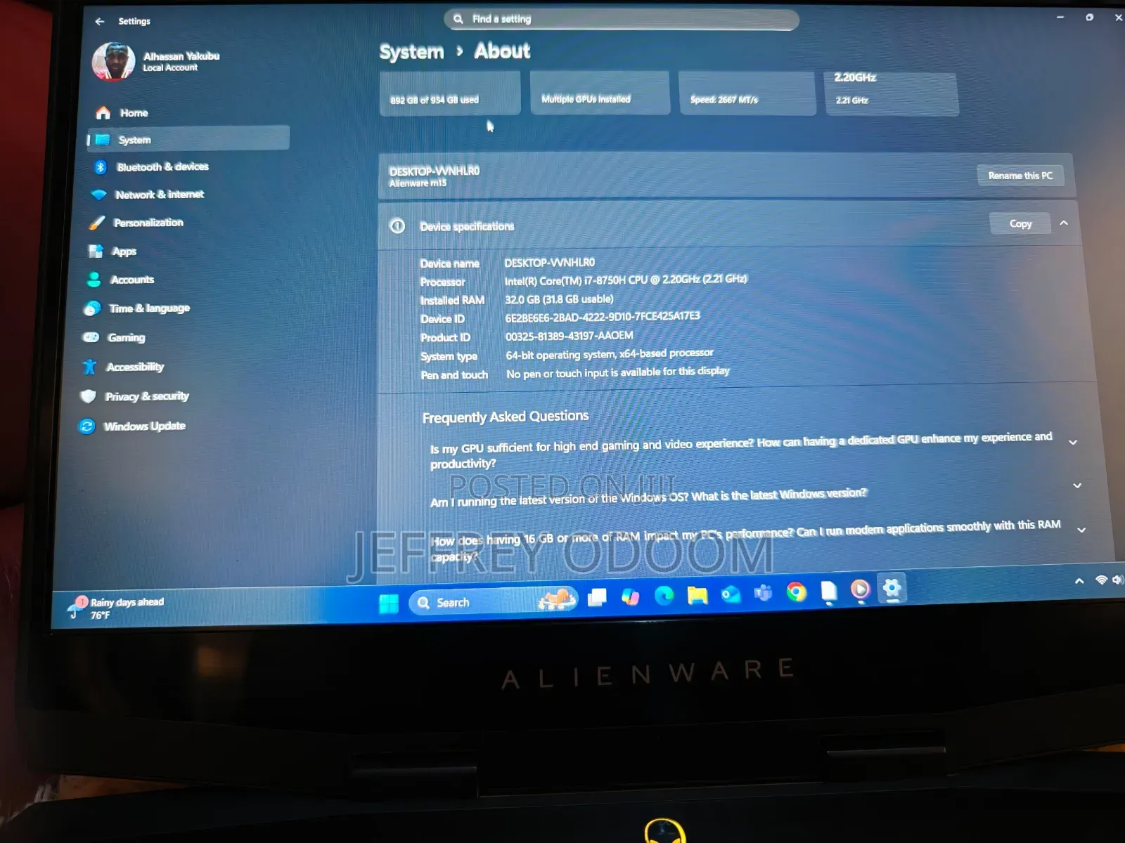 Laptop Alienware M15 R3 32GB Intel Core I7 SSD 1T in Tarkwa Nsuaem ...