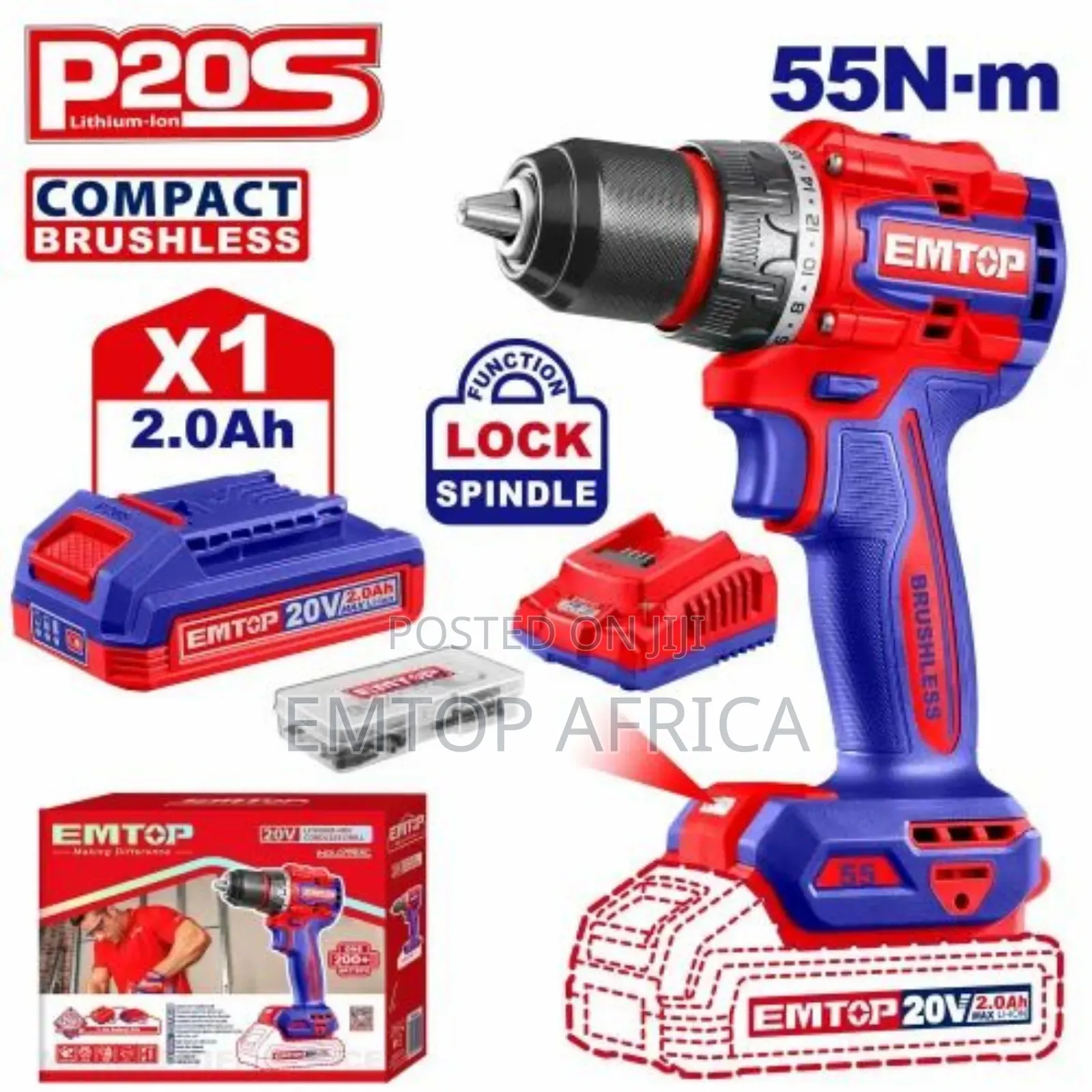 Emtop Ecdl205582 Brushless Drill | 55n-M Torque | 2.0ah Battery in ...