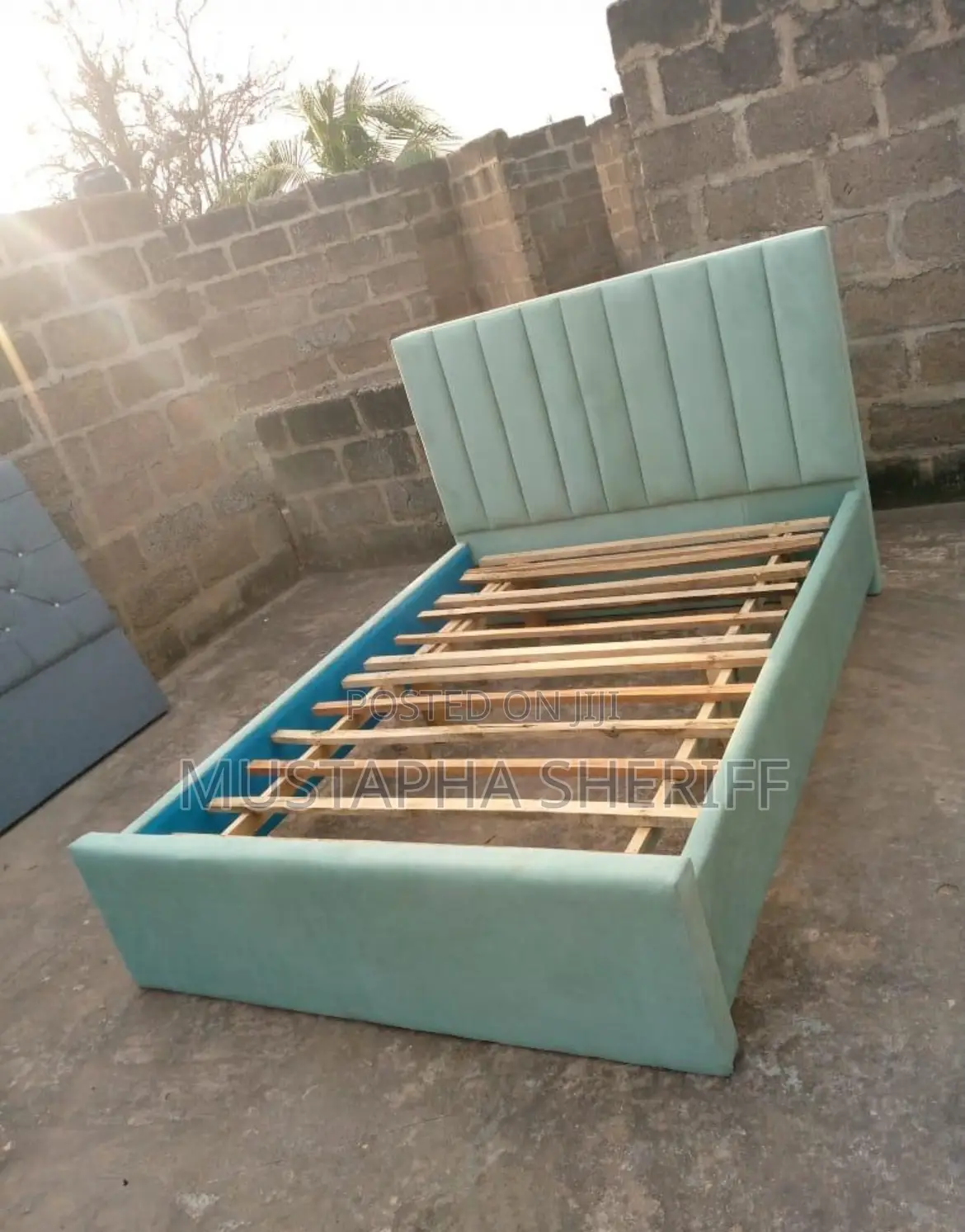 This Is a Modern Upholstered Double Bed Frame in a Light Mint Green in ...