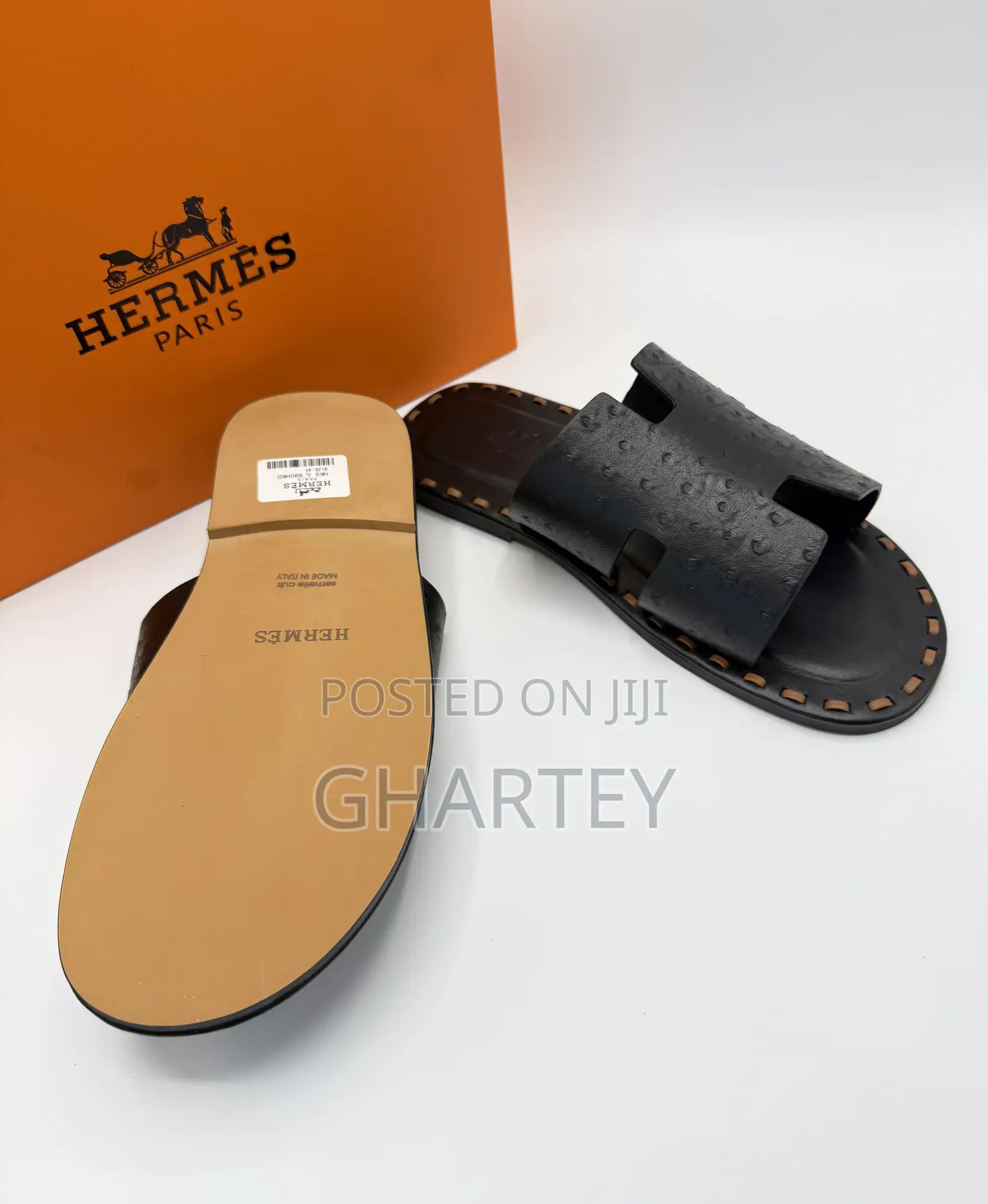 Hermès-Inspired Noir Ostrich-Embossed “H” Slides – Black in Lapaz ...