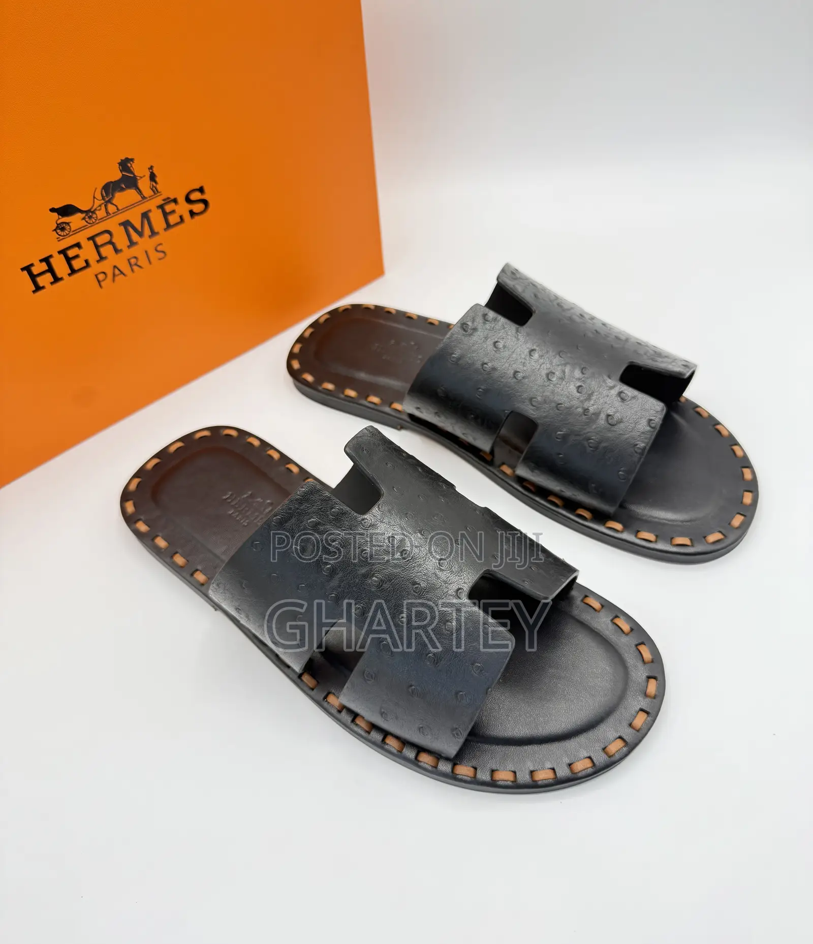 Hermès-Inspired Noir Ostrich-Embossed “H” Slides – Black in Lapaz ...