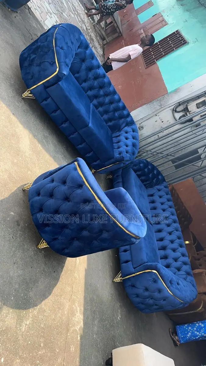 Royal Blue Velvet Tufted Sofa Set | Gold Trimmed Chesterfield Suite in ...