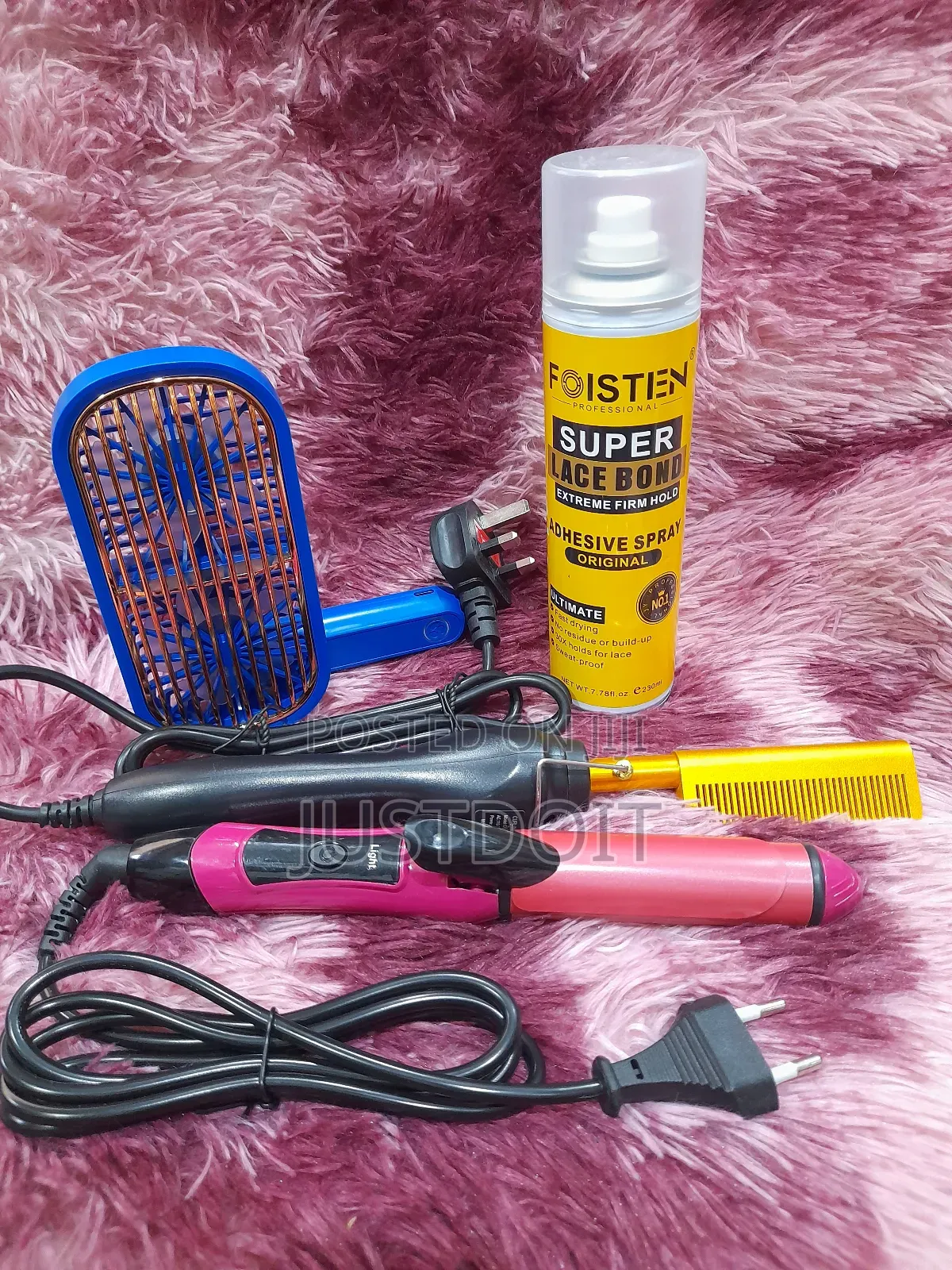 Straightener Curler + Hot Comb+ 2 Blade Hand Fan + Hair Glue Spray in ...